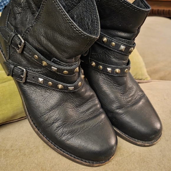UGG | Shoes | Ugg Black Leather Combat Boots With Studded Straps Side ...